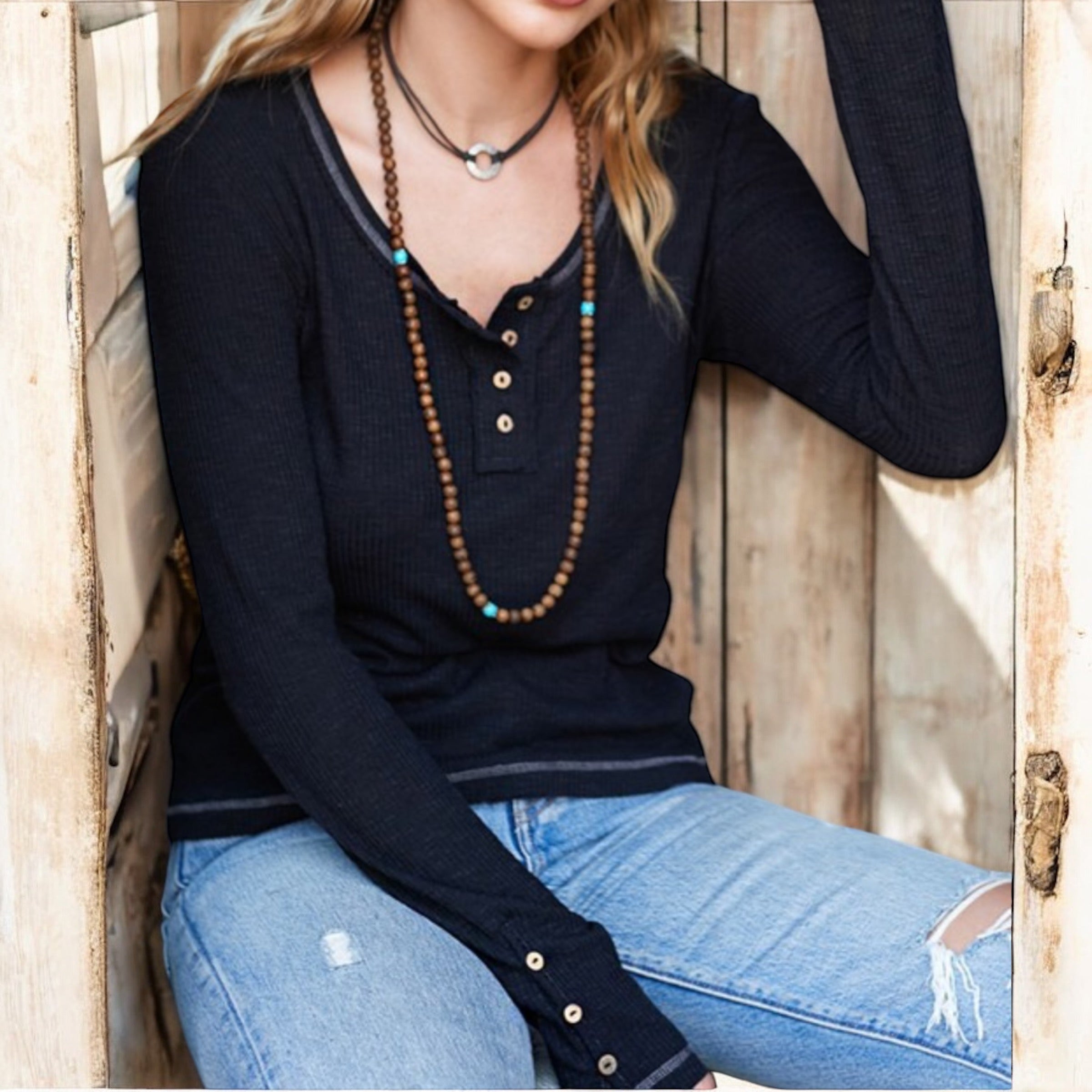 Maya Button Front Henley BLACK – Chic Boutique